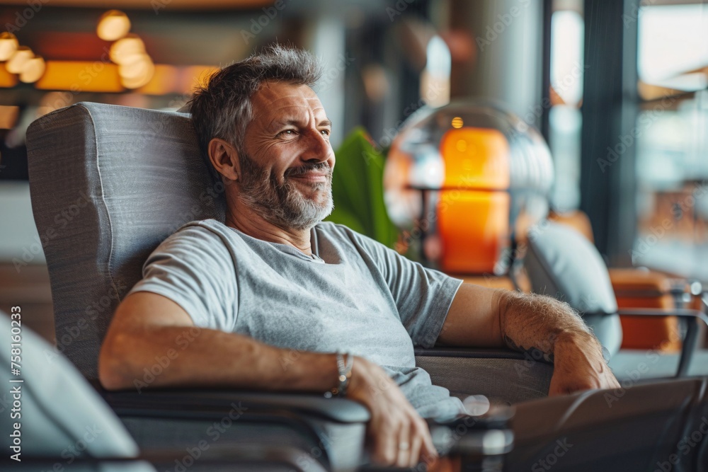 Adult man with a relaxed expression, reclining in a lounge chair at the ...