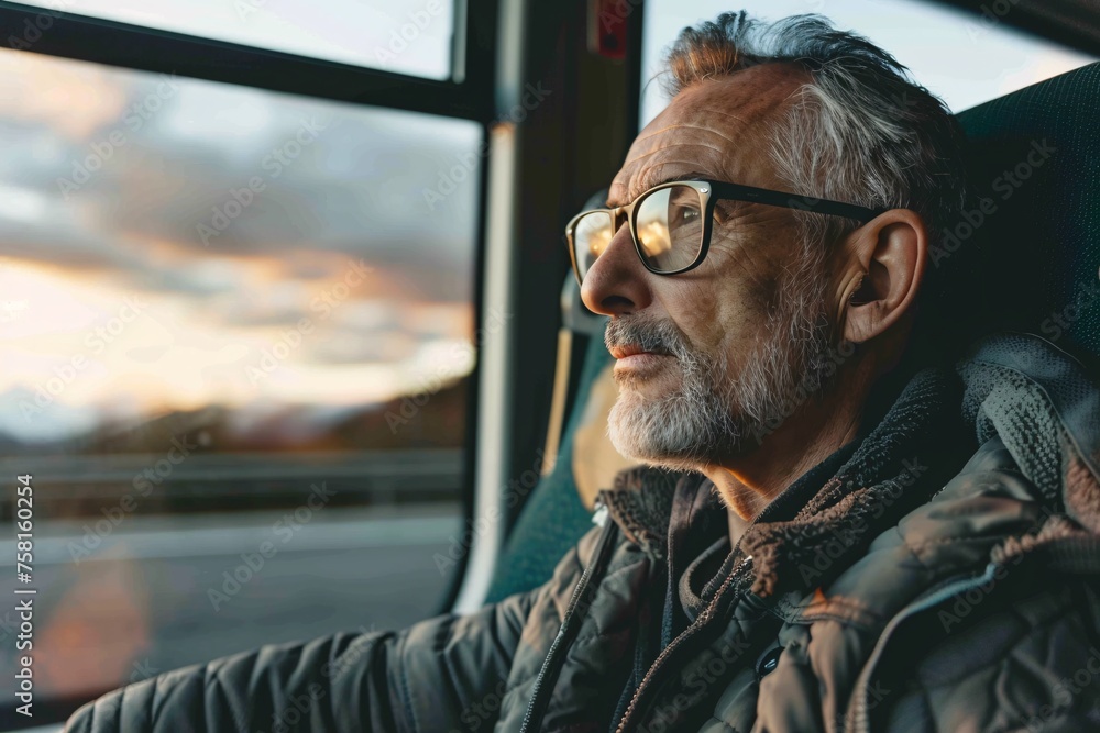 Old man with a relaxed expression gazing out the window of the bus ...