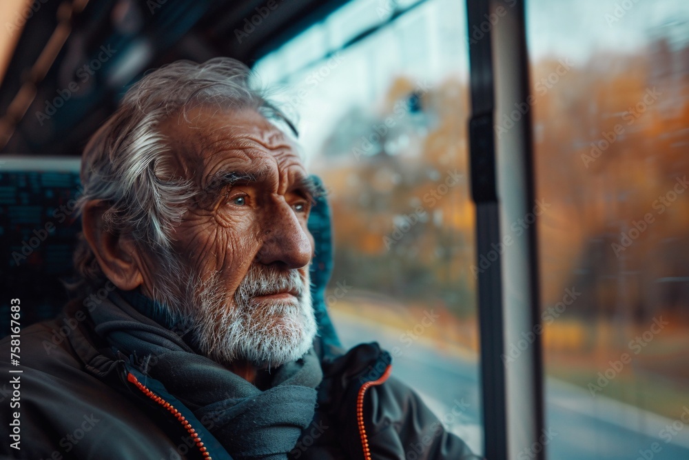 An adult man with a relaxed expression gazing out the window of the bus ...