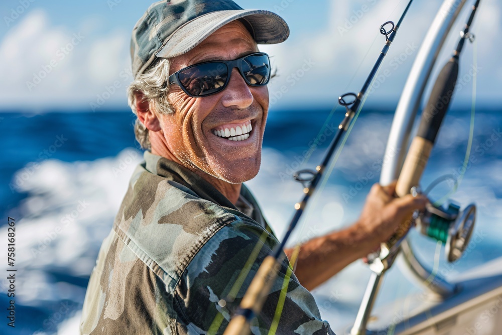 An adult man with a cheerful grin, embarking on an adventurous deep-sea ...
