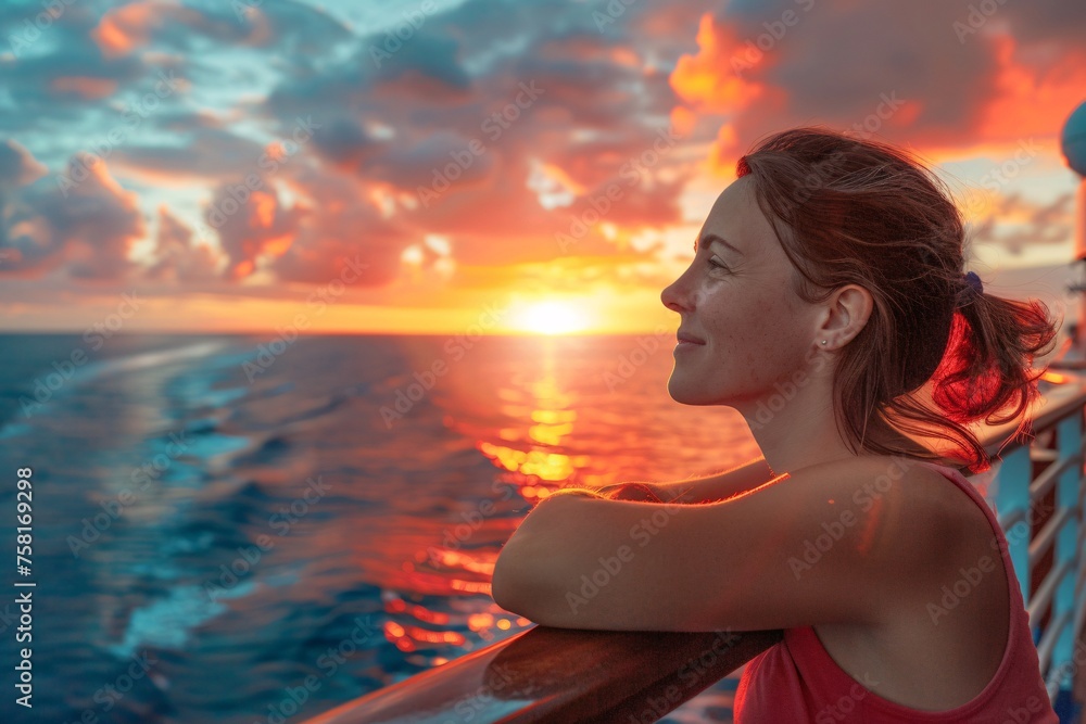 A woman with a radiant expression, admiring the stunning sunset from ...