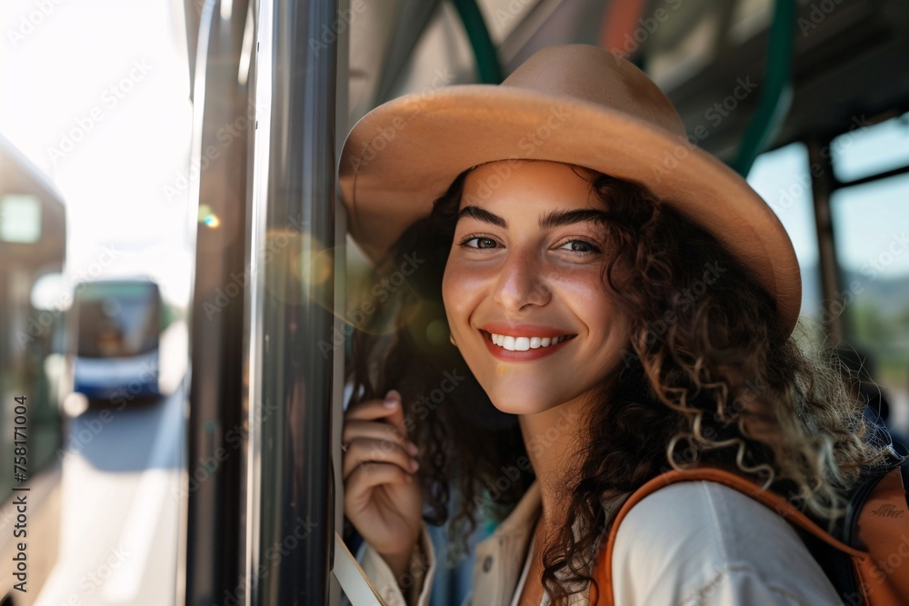A smiling adult woman boarding a bus for her vacation journey, her eyes sparkling with ...