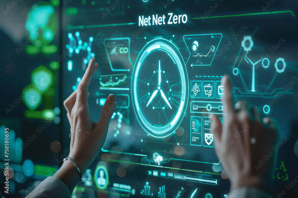 Person showcasing a net zero emissions concept with holographic ...