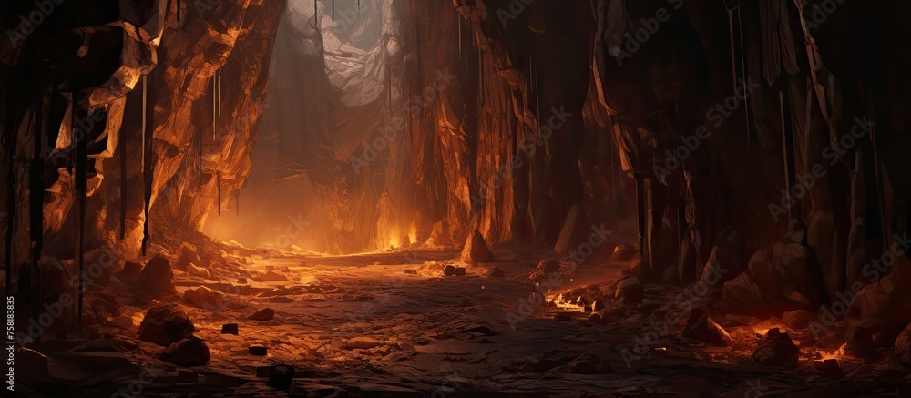 A natural landscape of a dark cave filled with fiery trees, emitting ...