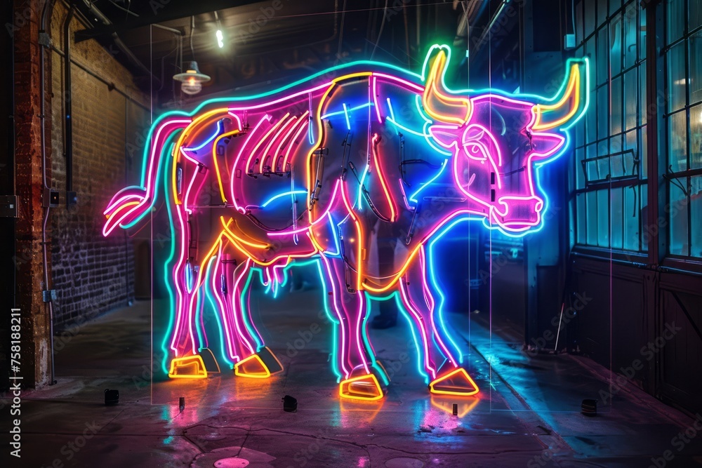Neon lights around the bull statue. Neon lights outline every line on ...
