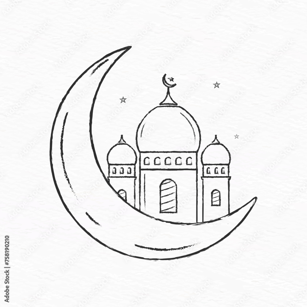 Mosque on moon pencil sketch line art for Eid Stock Vector | Adobe Stock