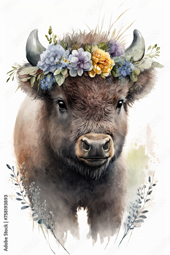 Watercolor bison cow portrait with flowers crown. Cartoon Cute ...