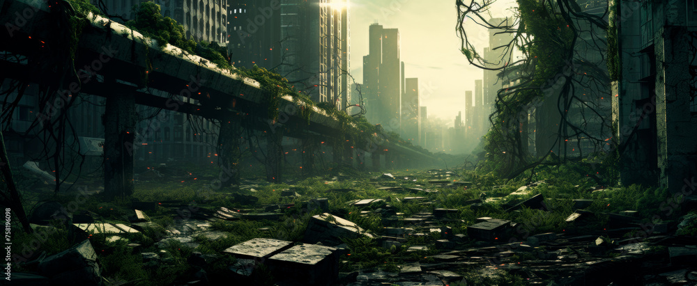 Overgrown cityscape post-cataclysm, nature reclaiming ruins with ...