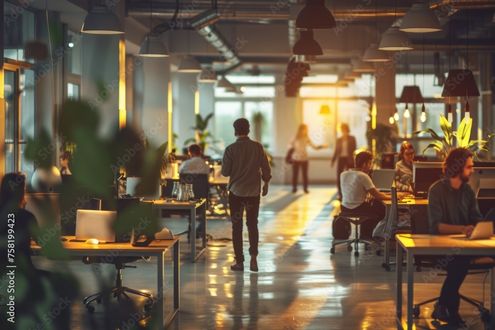 a wider scene of a busy, open-plan office space. Multiple individuals ...