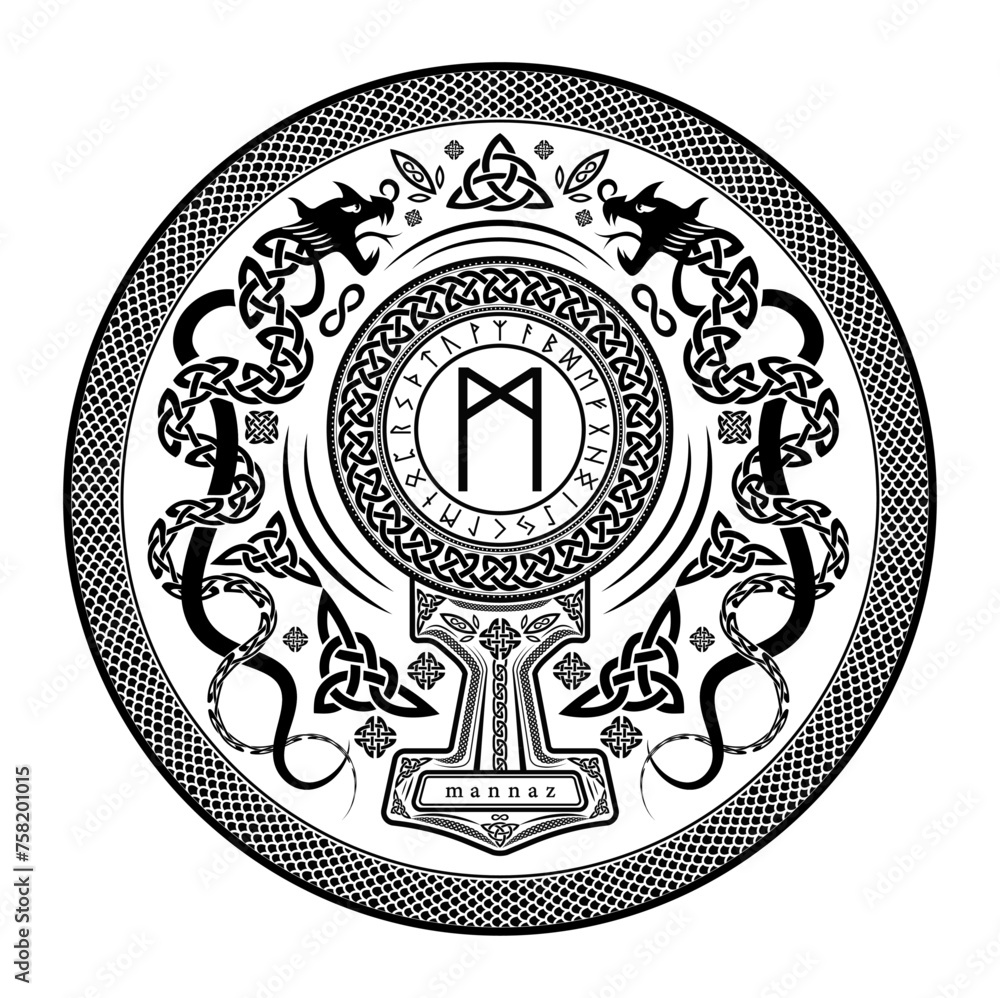 Mannaz Rune Shield: Vector Illustration with Norse Pagan Seal Design ...