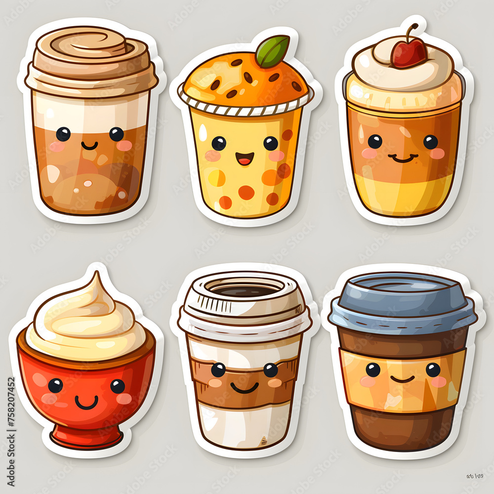 Assortment of cheerful beverage cup characters. Vector stickers set ...