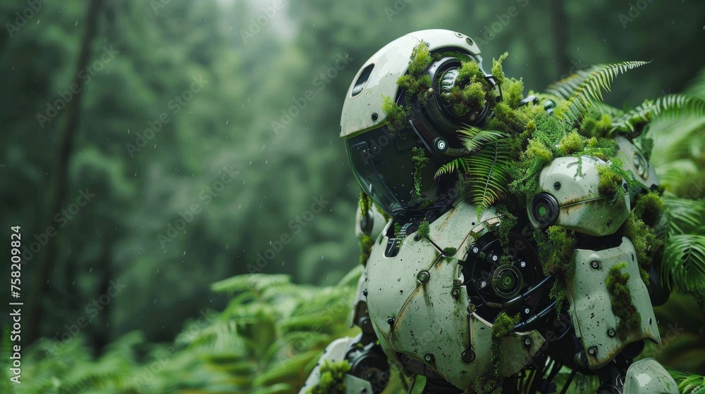 A robot covered in moss and leaves is standing in a forest. The image ...