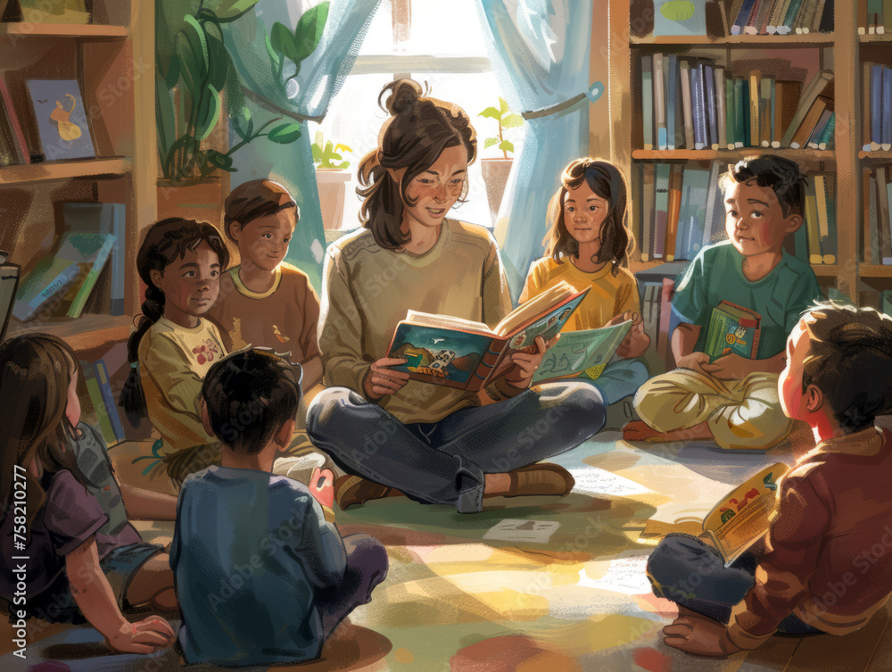 An illustration depicting a warm scene of a female teacher reading a ...