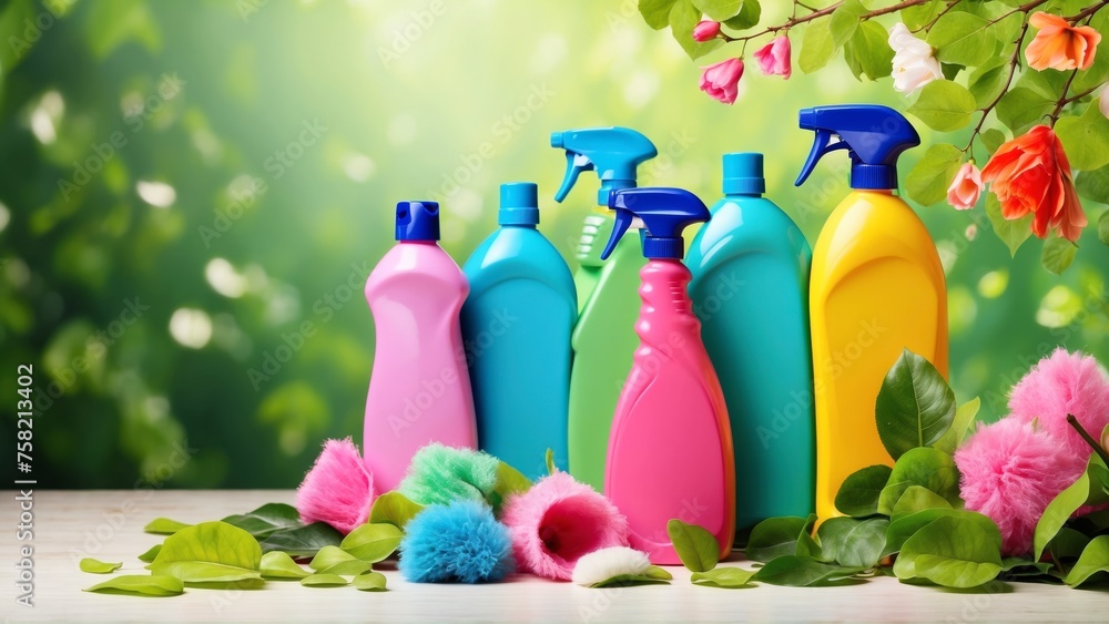 Household chemicals for cleaning on spring background. Chemical liquid ...