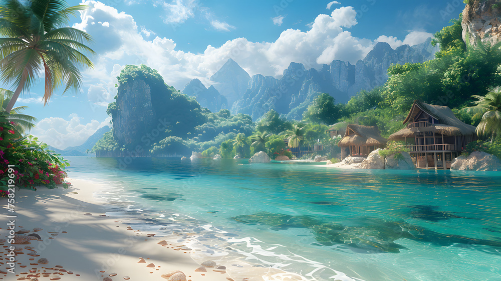 Pristine white sandy beach with traditional thatched huts overlooking a serene blue lagoon and ...