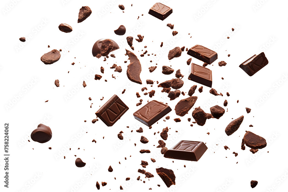 Various types of delicious chocolate falling with choc flake isolated ...