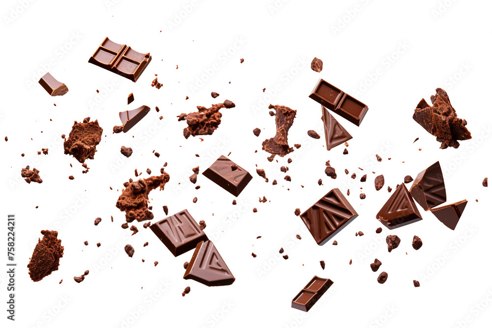 Various types of delicious chocolate falling with choc flake isolated ...