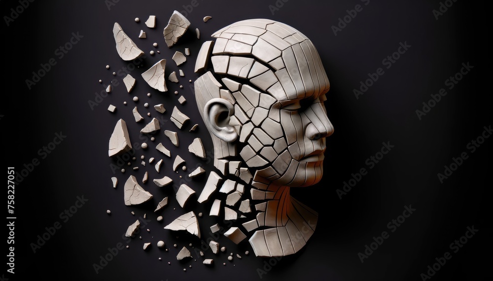 Fragmented sculpture of a human head with one side shattering Stock ...