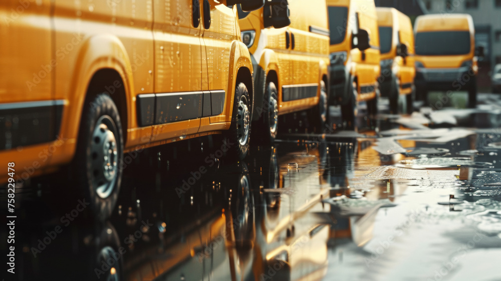 A fleet of yellow school buses on a rainy day, reflections on wet ...
