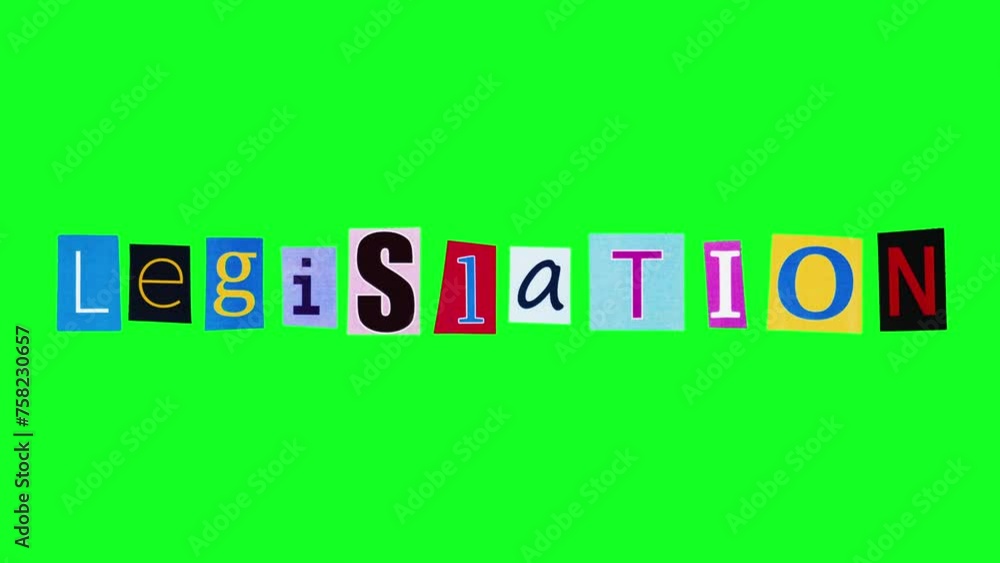 Legislation word on alpha channel made of moving single letters in stop ...