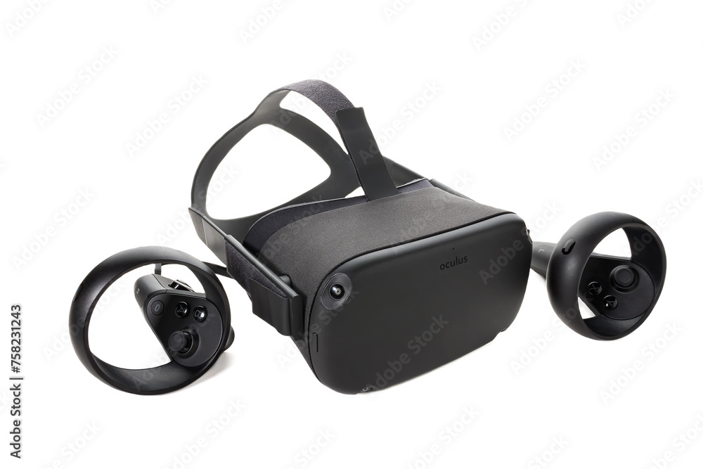 Oculus Quest 2 virtual reality goggles and two joysticks. Isolated on a ...