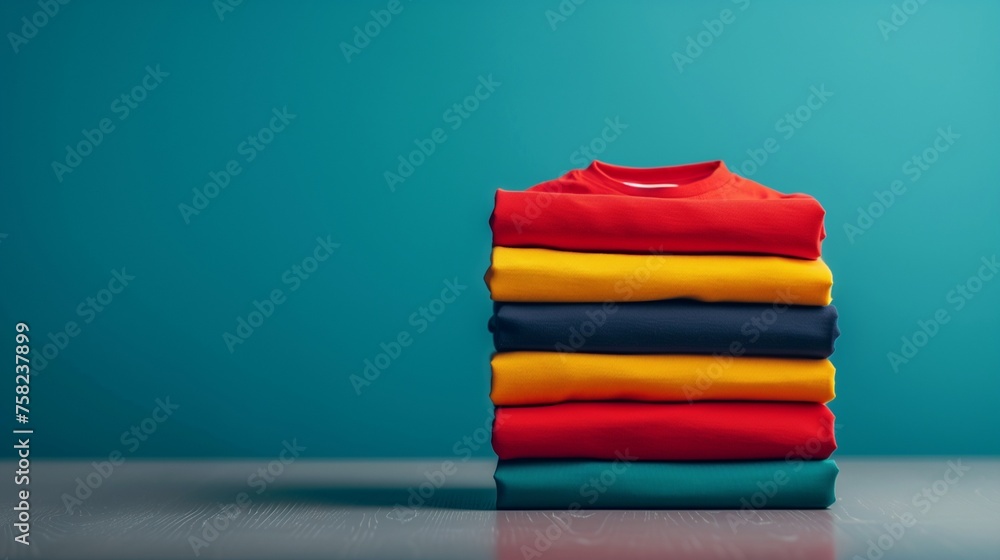A close-up view of a neatly stacked pile of various colored t-shirts ...