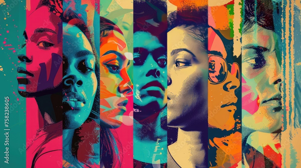 Abstract Pop Art Collage of Diverse Faces, vibrant, artistic collage ...