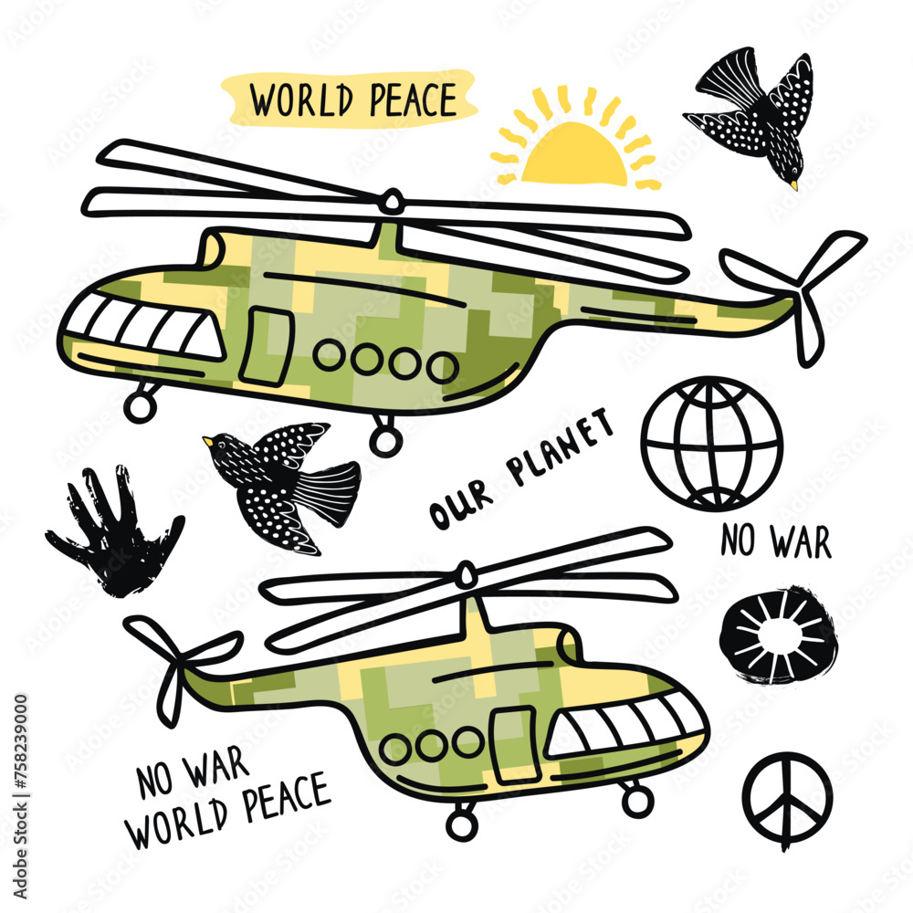 No war vector print with military helicopters, peace symbols, globe ...
