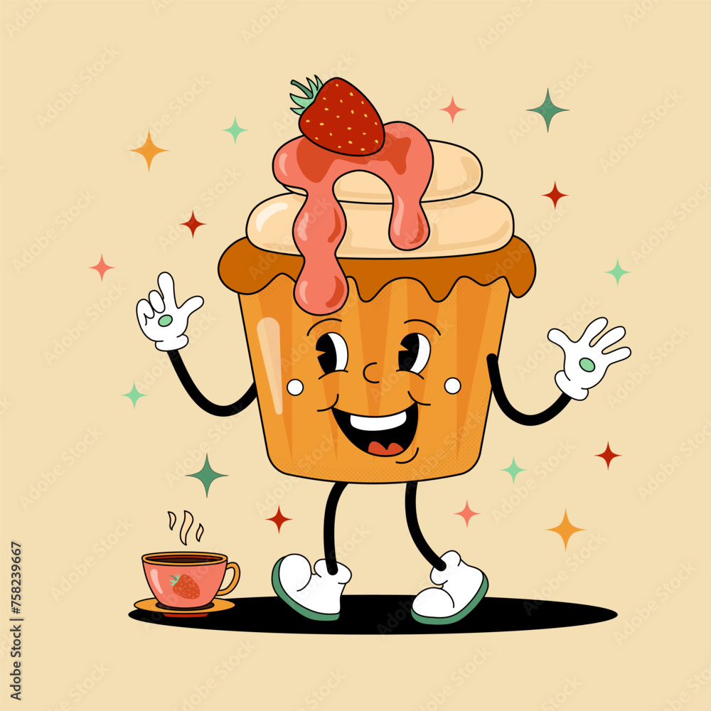 Comic flat cupcake with face on decorated background. Vector cartoon ...