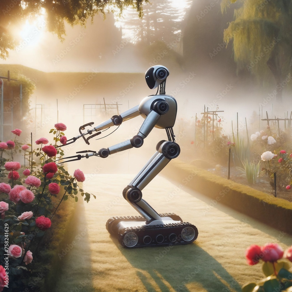 Humanoid android robot gardener doing garden work autonomously and cuts ...