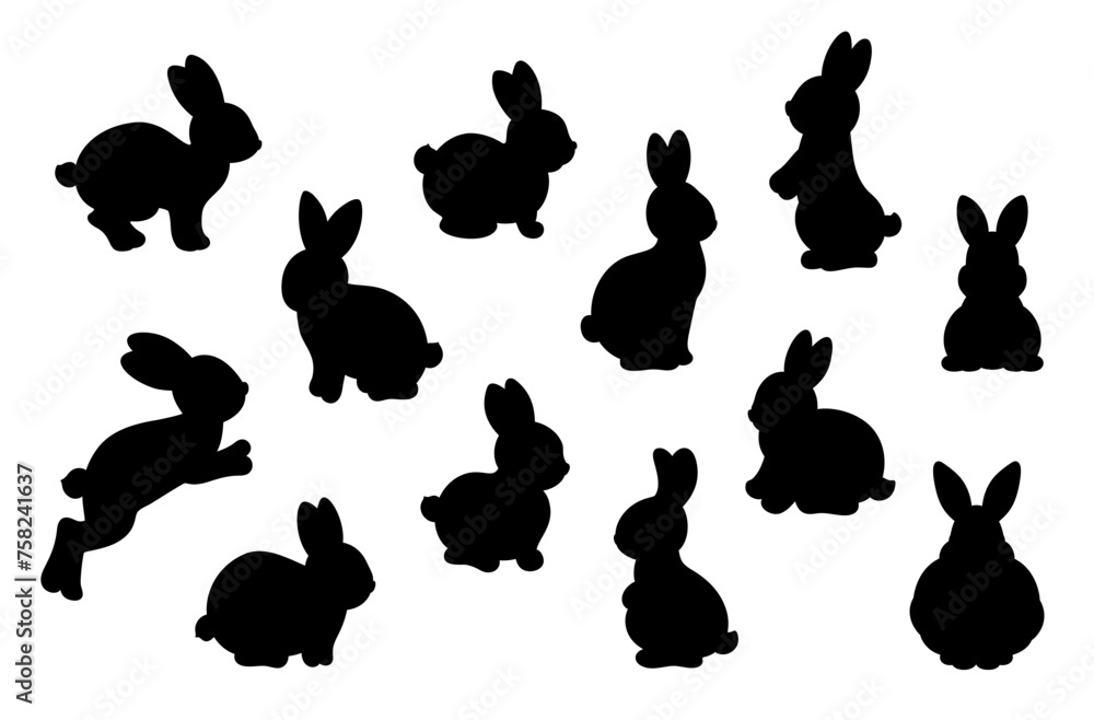 Set of silhouettes Easter bunny rabbits. Collection of rabbit shapes ...
