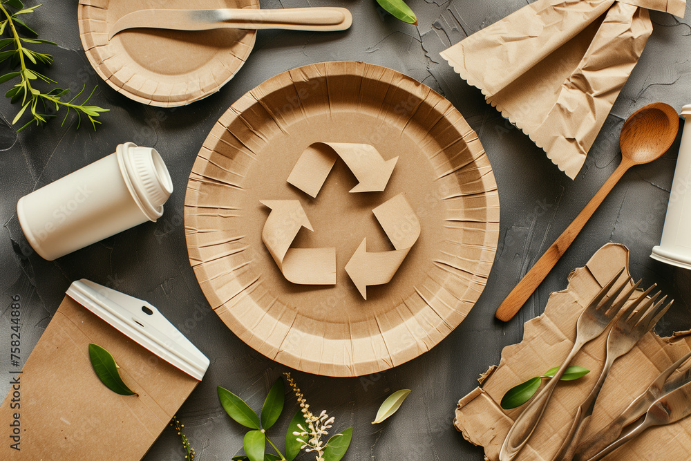 Biodegradable forks and knives, paper cups and plates. Ecological ...