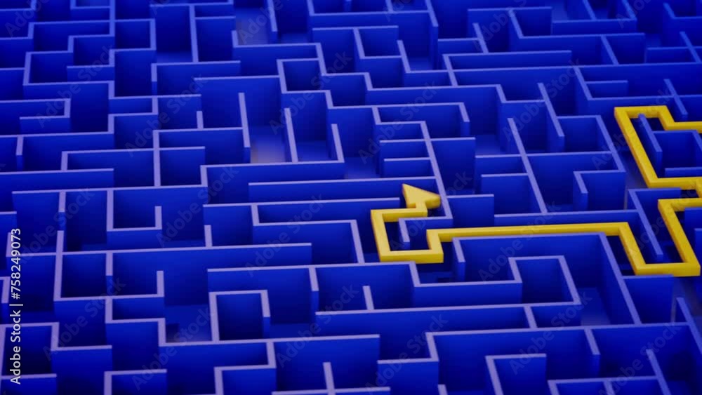 3d rendering: Concept - solving a complex problem. Blue maze and floor ...