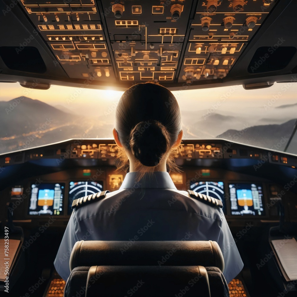 Female pilot or first officer seated in the flight deck. Female pilot ...