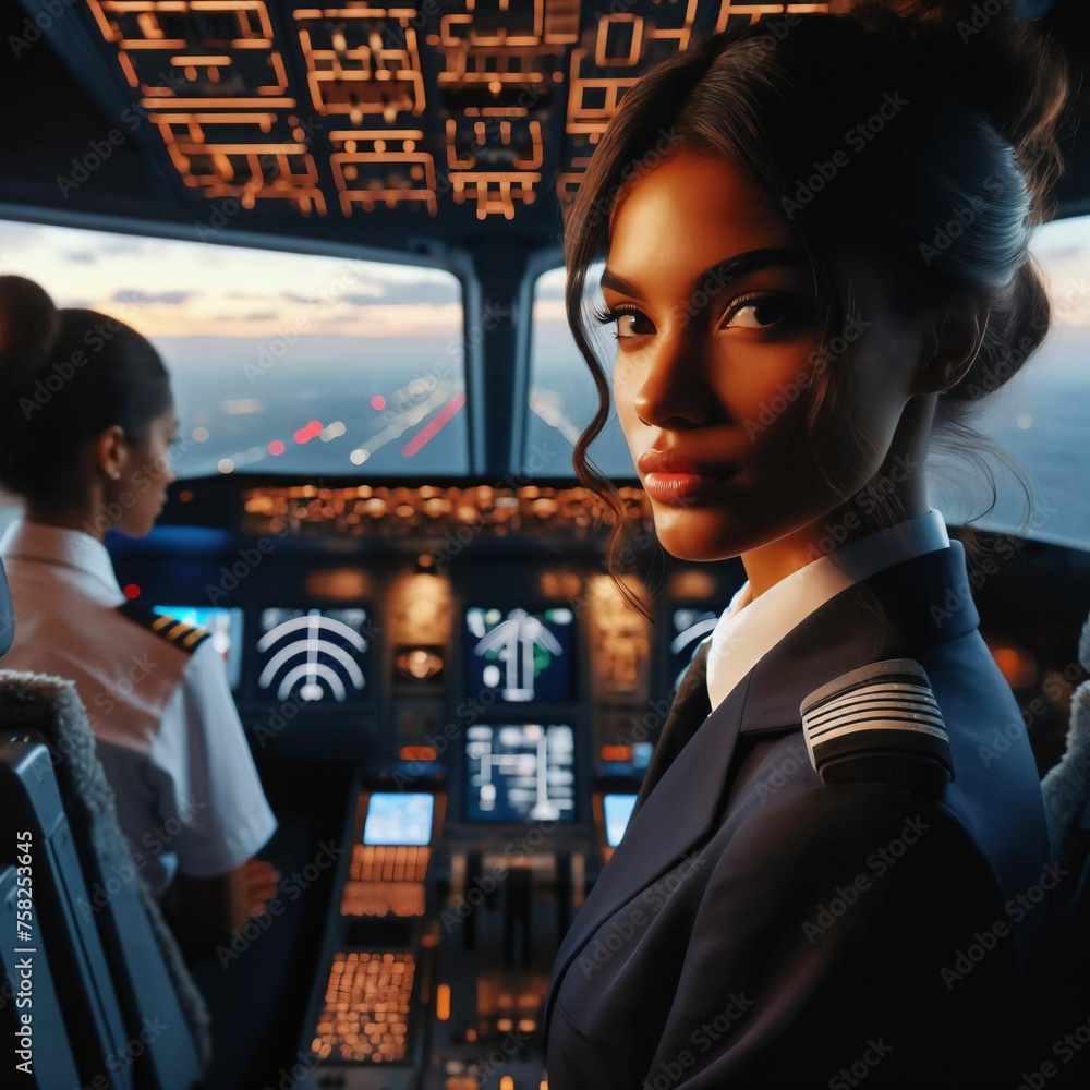 Female pilot and female first officer seated in the flight deck. Female ...