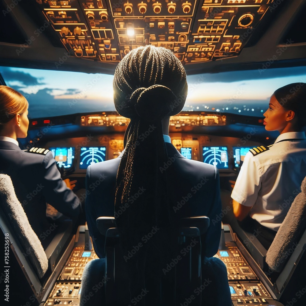 Female pilot, female first officer and assistant, seated in the flight ...