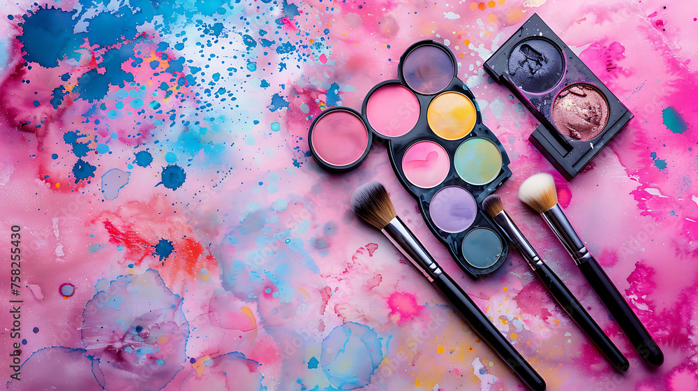 Makeup palette and brushes on a vibrant watercolor background. Creative ...