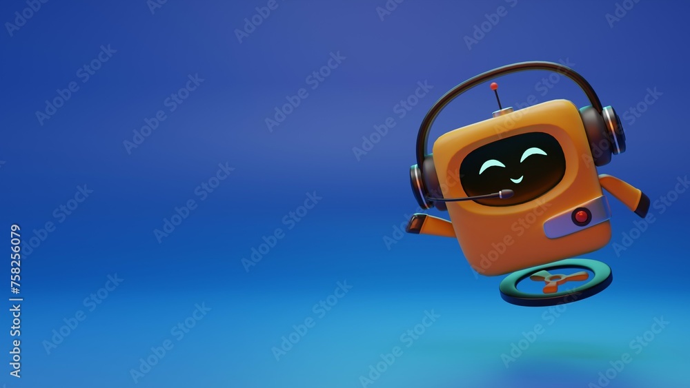 Friendly positive cute cartoon yellow robot with smiling face waving ...