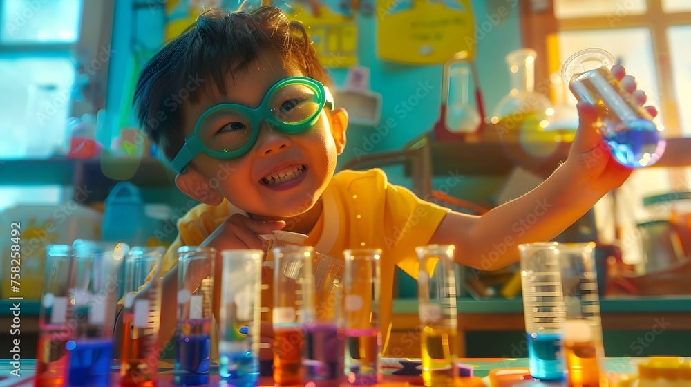 Happy Asian Boy in Vibrant Science Laboratory Exudes Fun and Learning ...