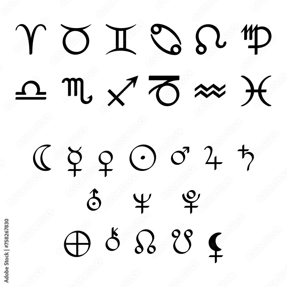 Signs of the zodiac and planetary symbols of astrology. Twelve zodiac ...
