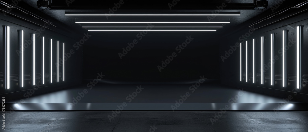 Dark modern stage with led light, inside black garage or hall ...