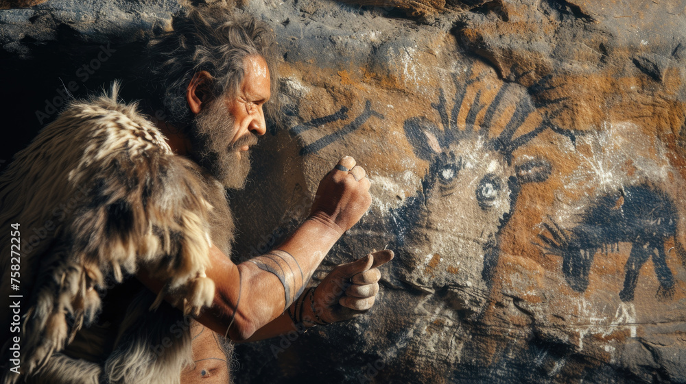 Caveman drawing animals on rock wall in prehistoric era, Neanderthal ...