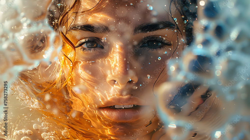 Extremely realistic portrait of a young woman's face partially ...