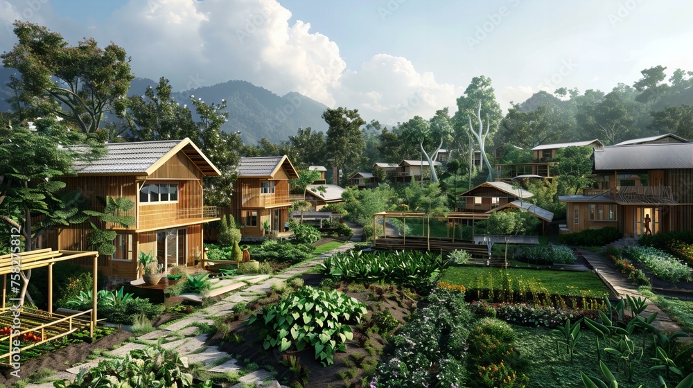 A sustainable living community with eco-friendly houses, rainwater ...