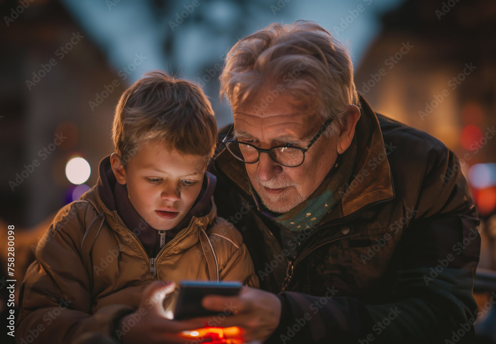 Young kid helps his grandpa surfing the web with his new mobile phone ...