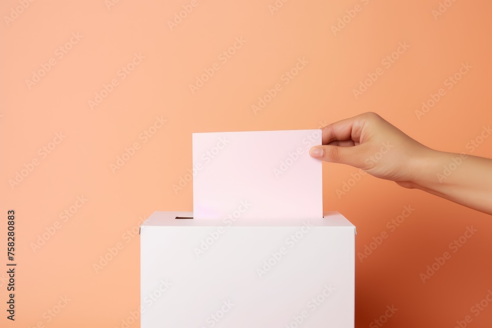 Hand Inserting Pink Note into Ballot Box on Peach Background. A smooth ...