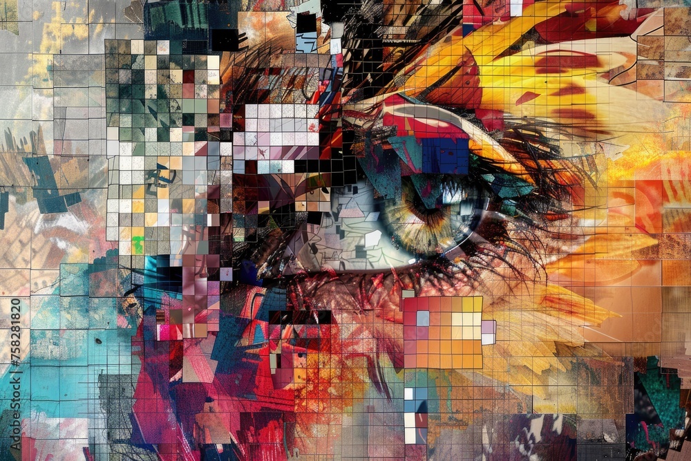 A digital mosaic of fragmented images and textures, assembled into a ...