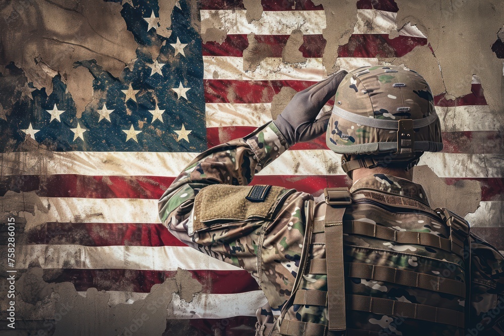 A soldier salutes the American flag. The flag is tattered and torn, and ...