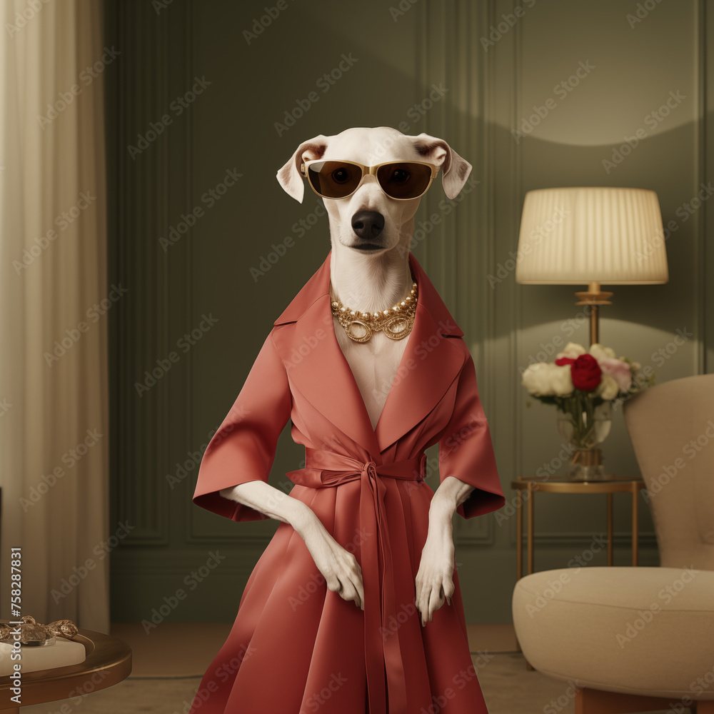 Beautiful cute princess dog in long light dress walks through corridors ...