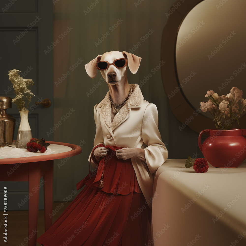 Beautiful cute princess dog in long light dress walks through corridors ...